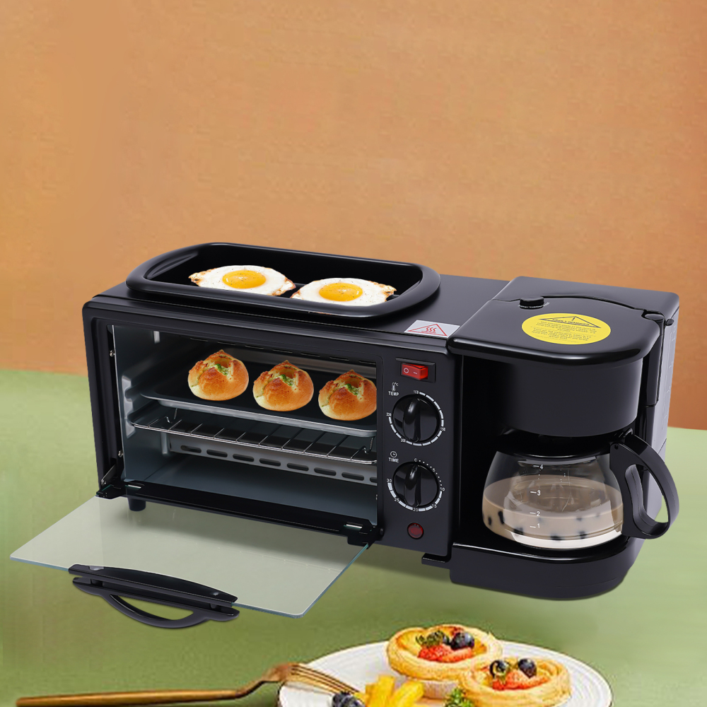 Mini horno de desayuno 3 en 1 con parrilla, horno tostadora con máquina de café