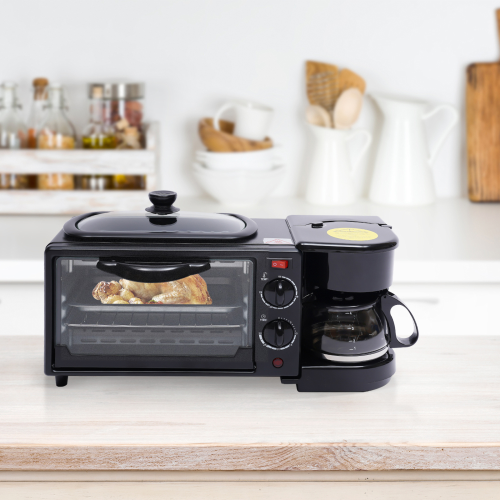 Mini horno de desayuno 3 en 1 con parrilla, horno tostadora con máquina de café